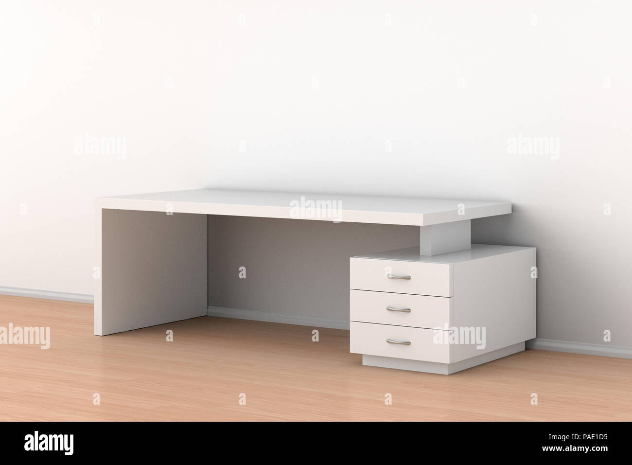 Empty white office desk workspace in light interior. 3d illustration ...