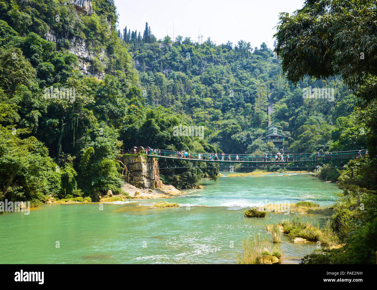 Beautiful scene of forest, river and suspension bridge in China Guizhou ...