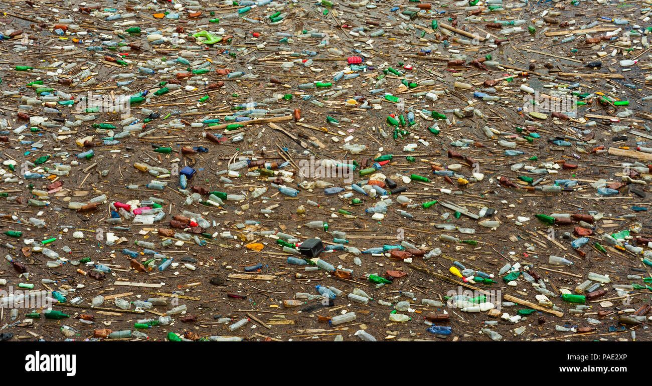 lake pollution with plastic bags and toxic waste in the water Stock ...