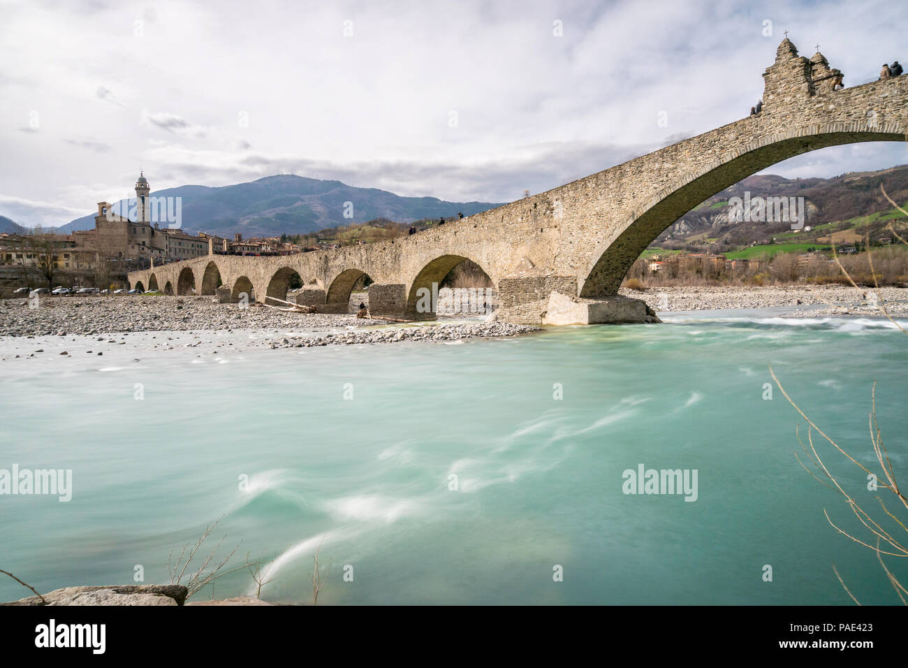 Bobbio,Italy-april 2,2018:View of the old medieval bridge, called ...