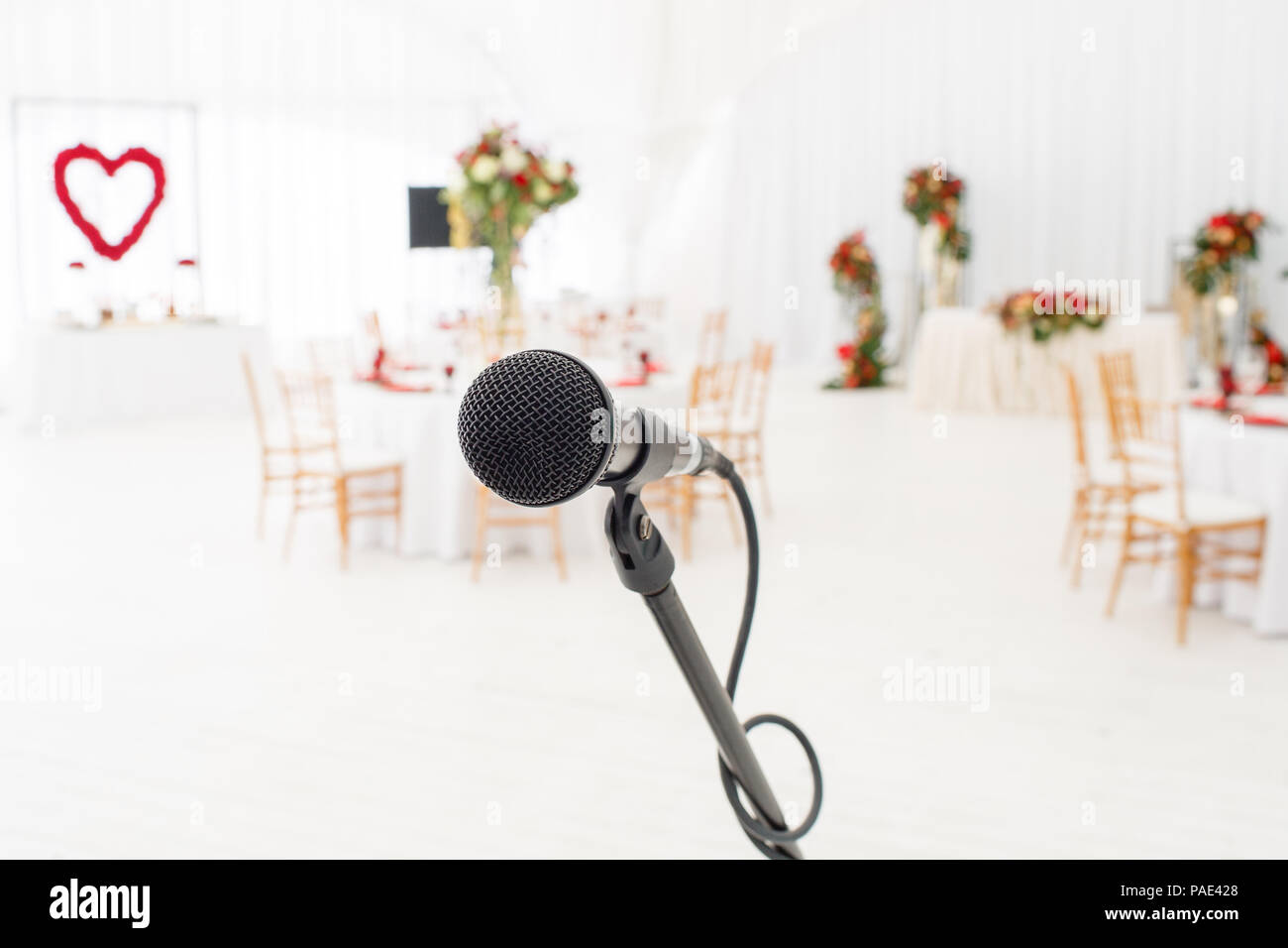 Microphone close-up. Focus on mic. Abstract blurred conference hall or ...