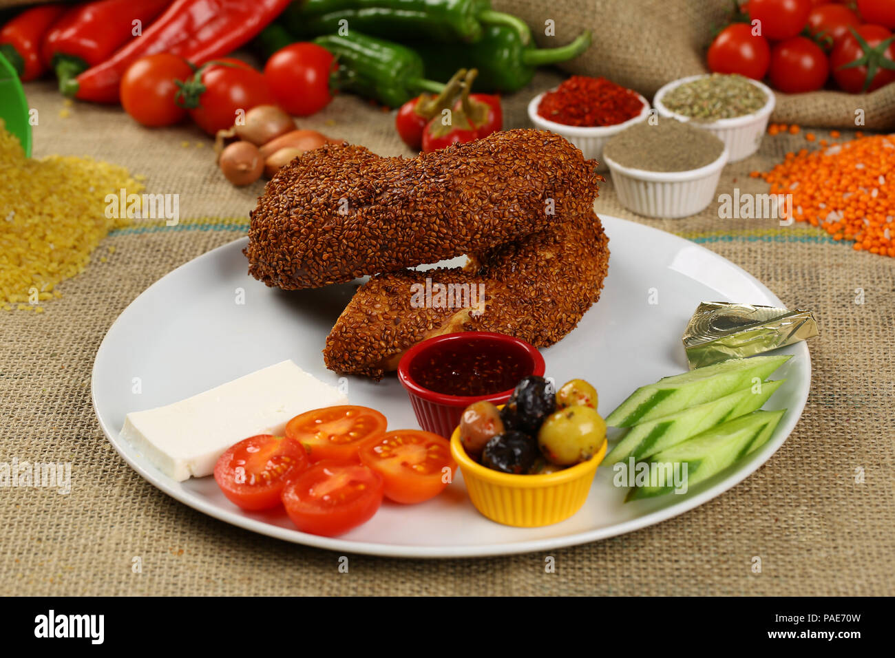 Turkish breakfast with simit bagel Stock Photo - Alamy