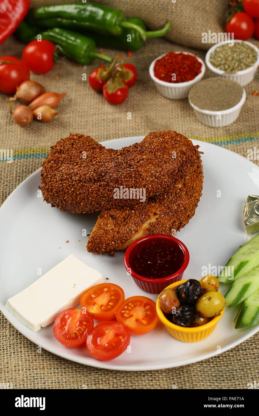 Turkish breakfast with simit bagel Stock Photo - Alamy