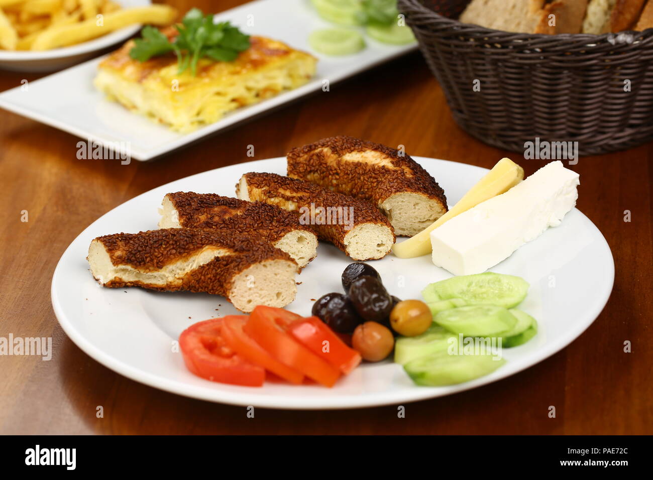 Turkish breakfast with simit bagel Stock Photo - Alamy