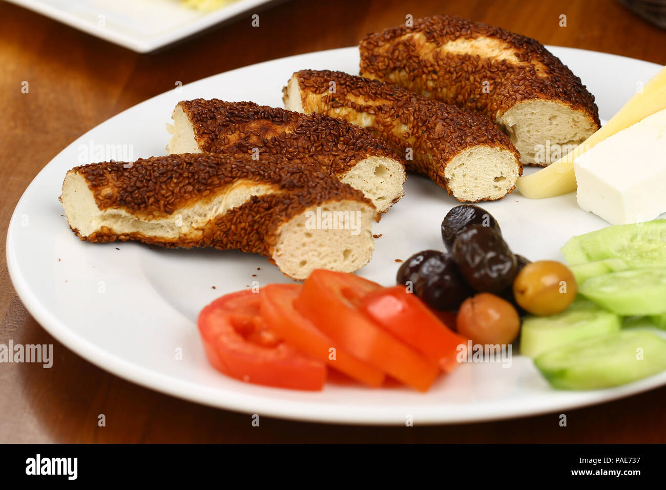 Turkish breakfast with simit bagel Stock Photo - Alamy