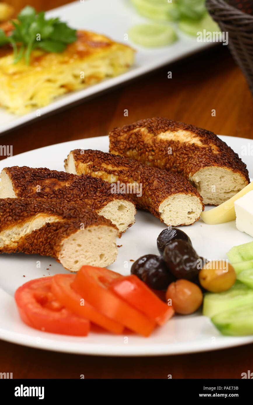 Turkish breakfast with simit bagel Stock Photo - Alamy