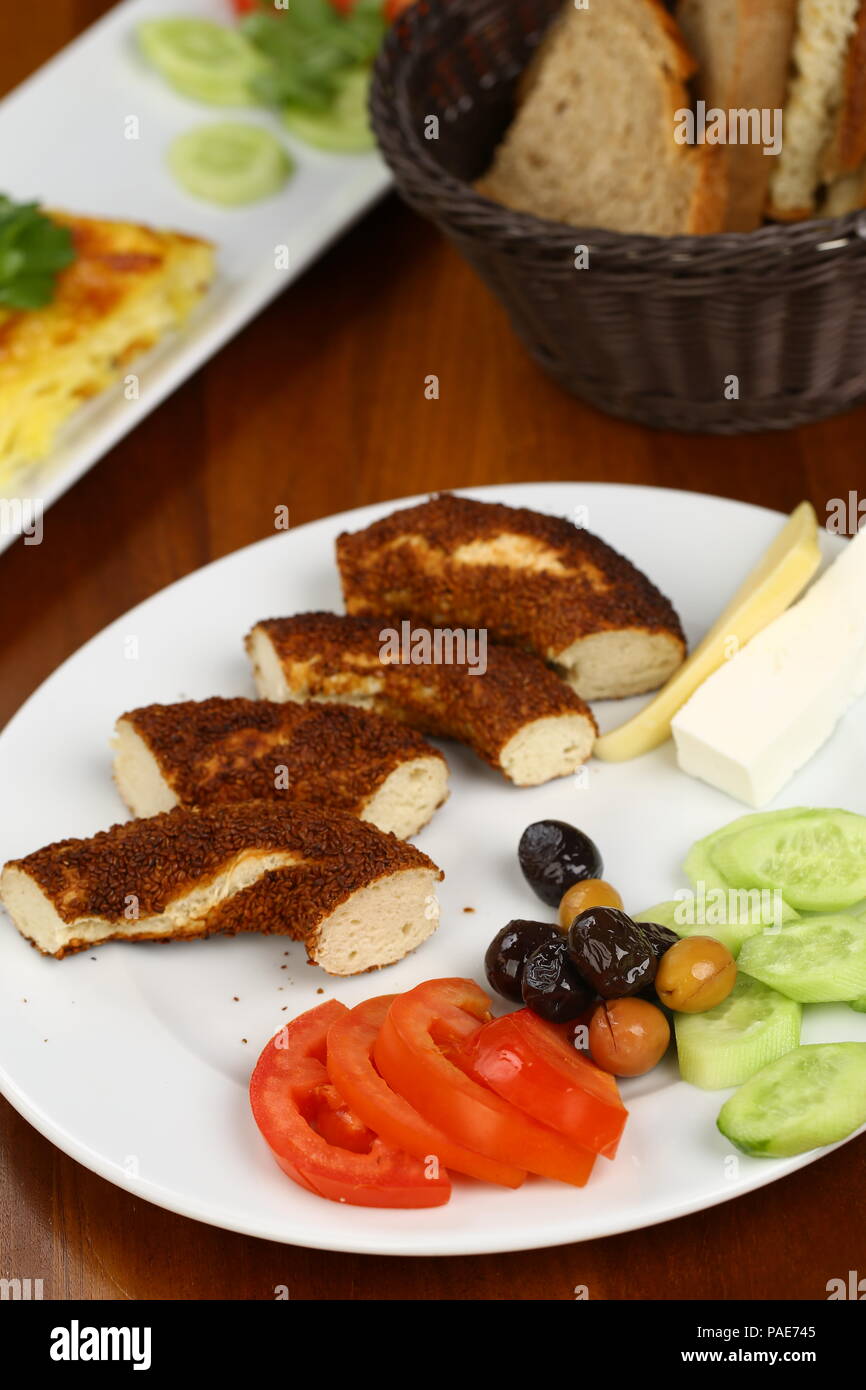 Turkish breakfast with simit bagel Stock Photo - Alamy