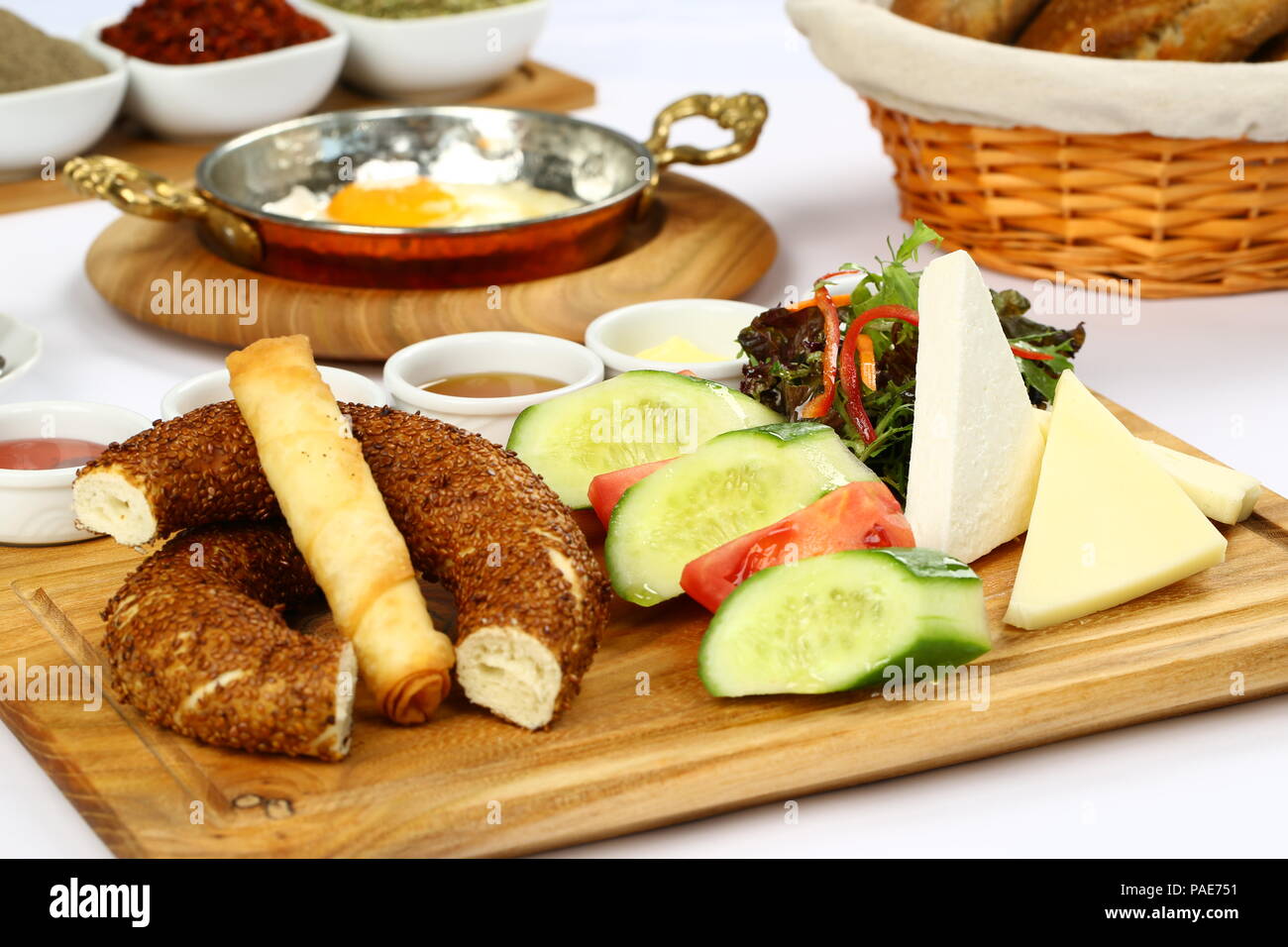 Turkish breakfast with simit bagel Stock Photo - Alamy
