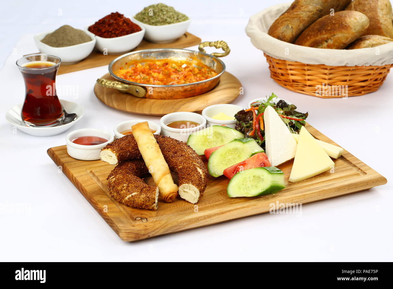 Turkish breakfast with simit bagel Stock Photo - Alamy