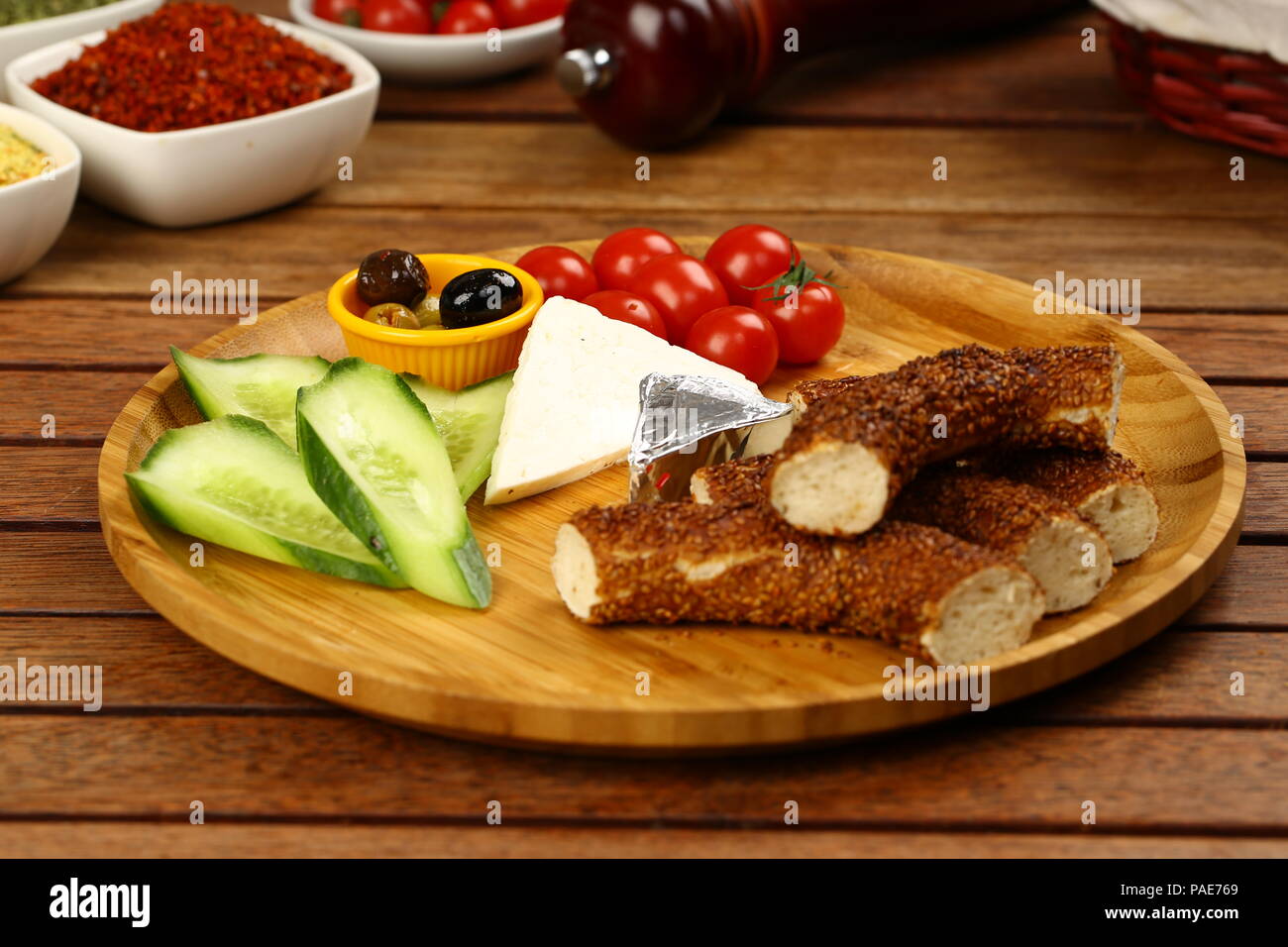 Turkish breakfast with simit bagel Stock Photo - Alamy