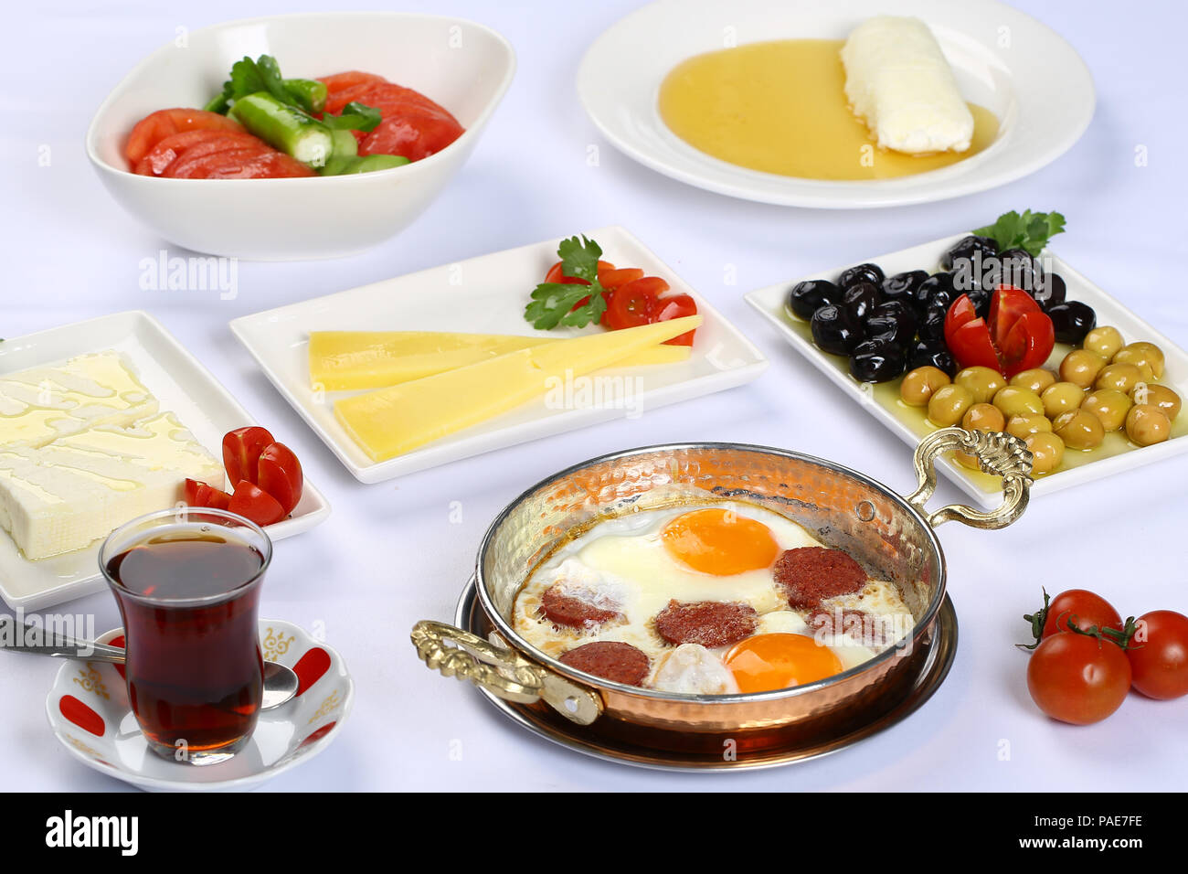 Turkish breakfast with sucuk and fried eggs Stock Photo - Alamy
