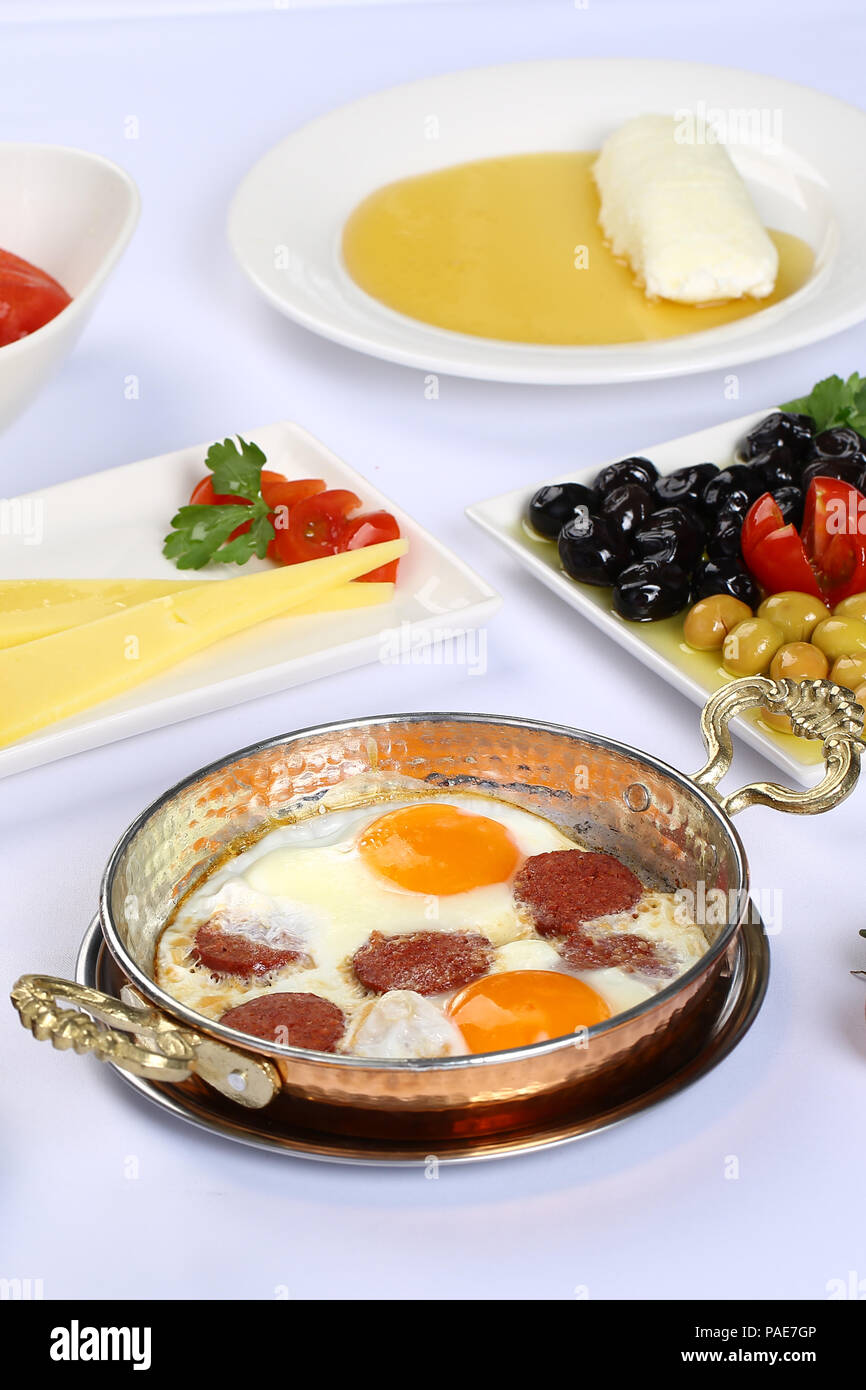 Turkish breakfast with sucuk and fried eggs Stock Photo - Alamy