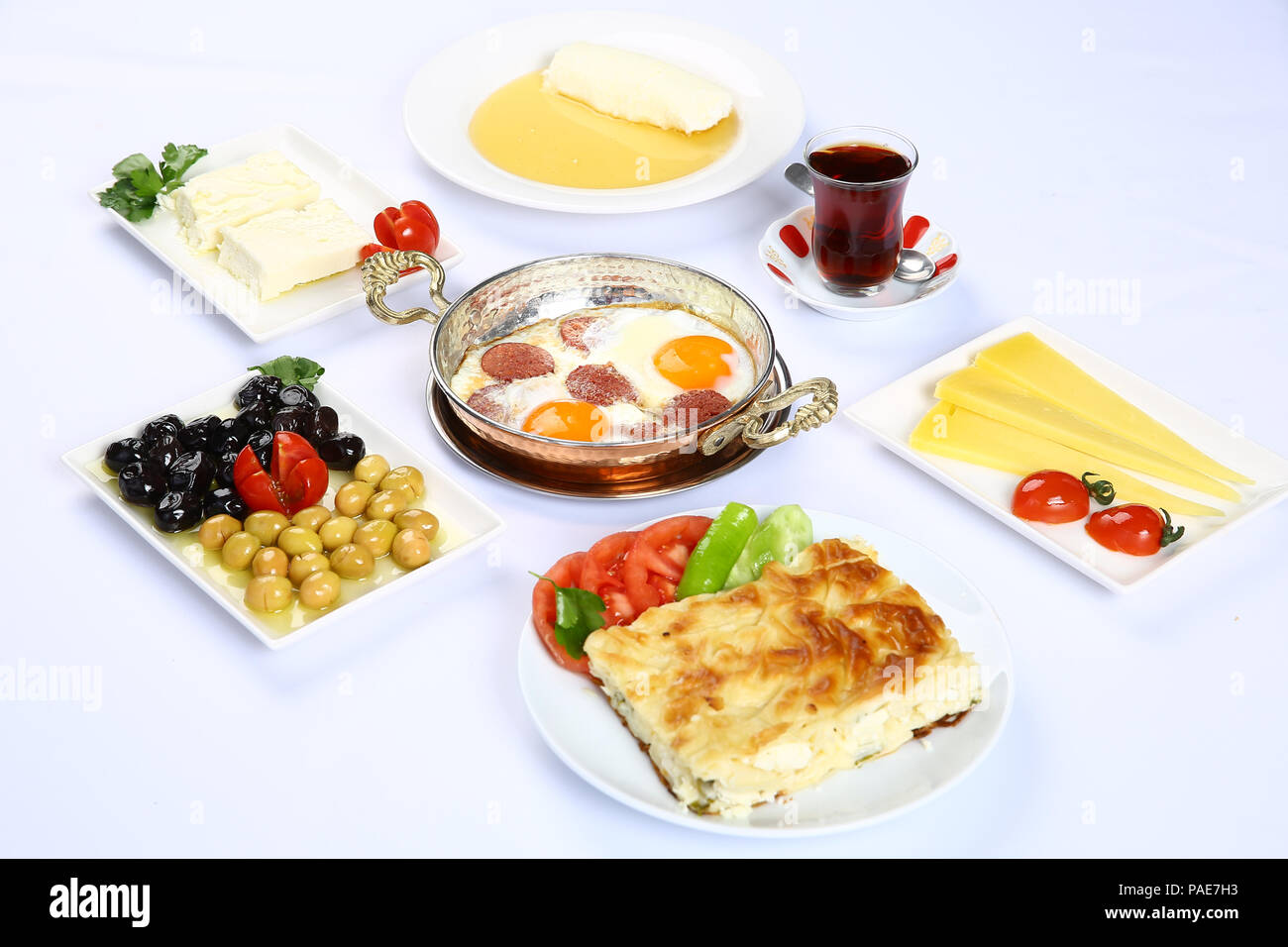 Turkish breakfast with sucuk and fried eggs Stock Photo - Alamy