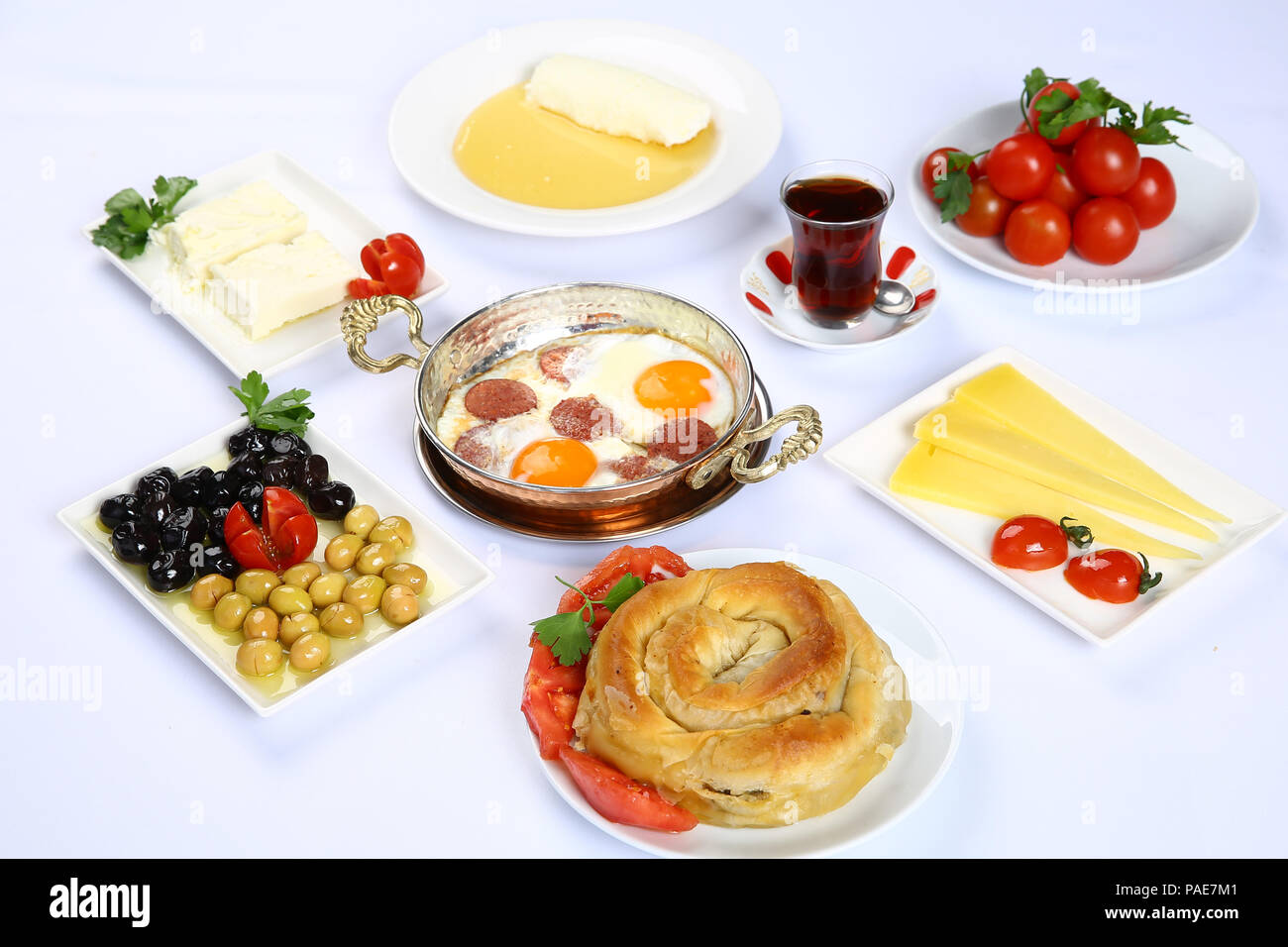 Turkish breakfast with sucuk and fried eggs Stock Photo - Alamy