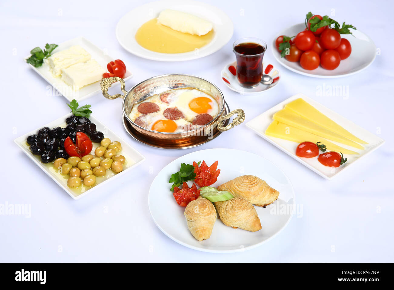 Turkish breakfast with sucuk and fried eggs Stock Photo - Alamy
