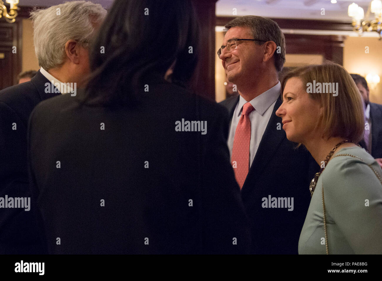 Secretary of Defense Ash Carter and his wife Stephanie speak with ...
