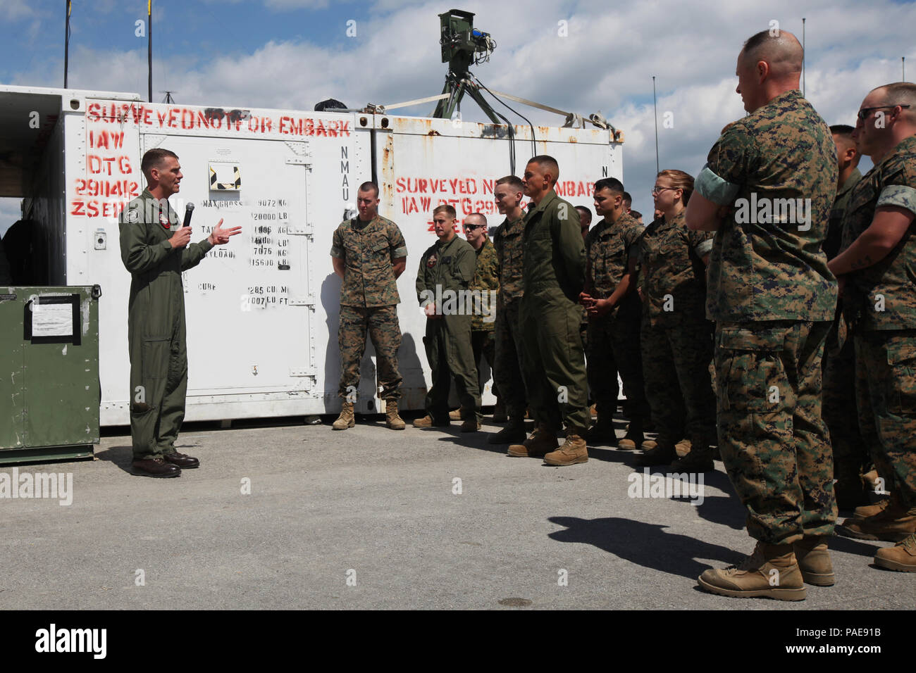 Lt. Col. Kris Faught speaks to Marines with Marine Unmanned Aerial ...