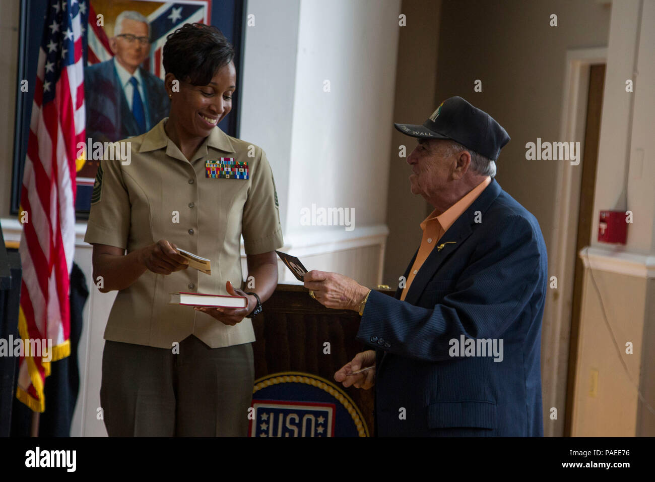 U.S. Marine Corps Sgt. Maj. Robin Fortner, right, director of the Staff ...