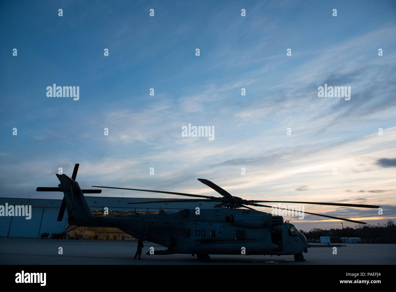 A UH-53 Sea Stallion sits on the ramp of Marine Aircraft Group 49 Mar ...