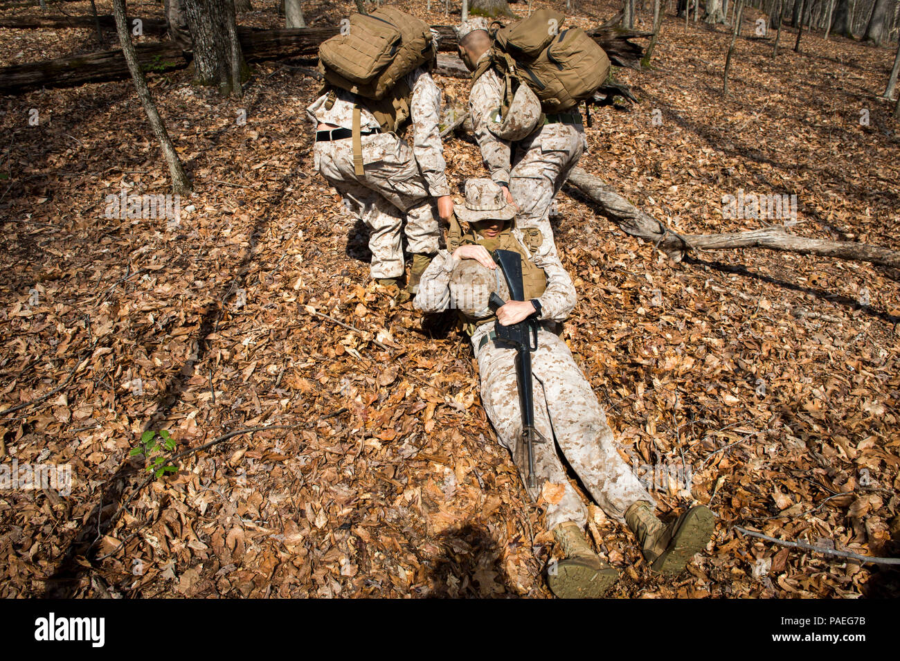 U.S. Marines drag a fallen Marine to safety during a small unit ...