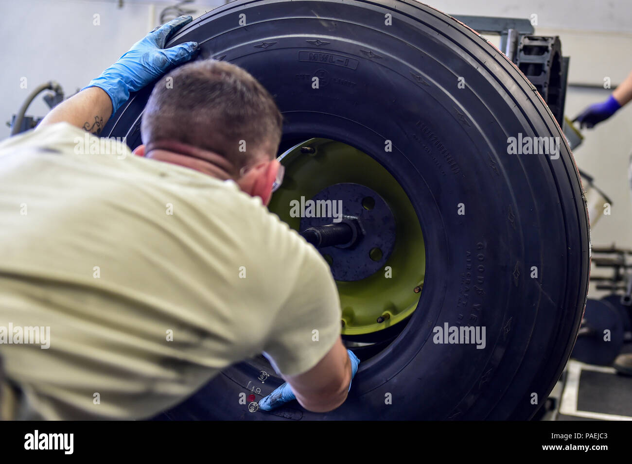 Senior Airman Shane Schubot, a wheel and tire technician with the 1st ...