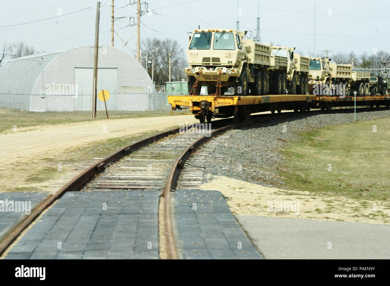 Railcars loaded with Army equipment await movement at Fort McCoy, Wis ...