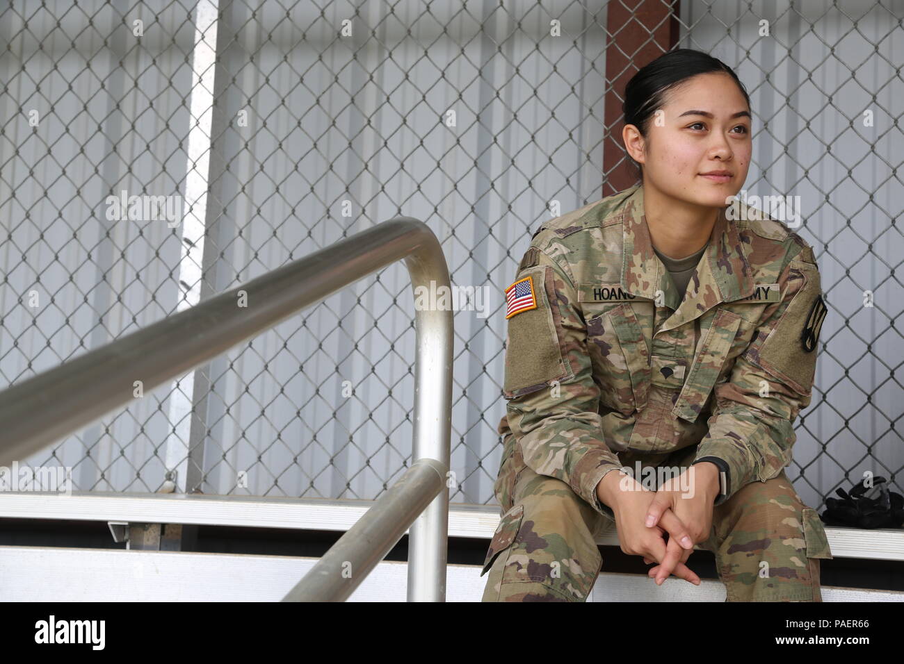 Spc. Diane Hoang from the U.S. Army Training Center sits and waits for ...