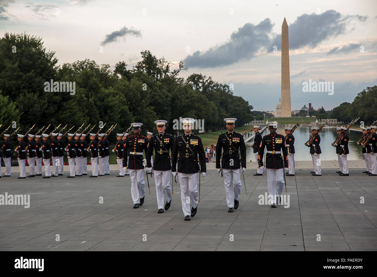 Marines with the Marine Barracks Washington D.C. parade marching staff ...