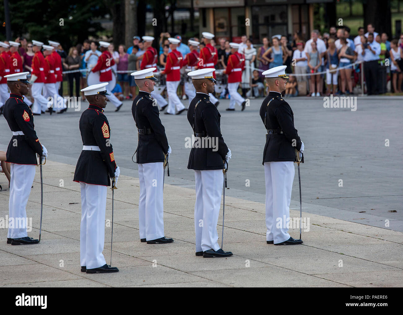 Marines with the Marine Barracks Washington D.C. parade marching staff ...