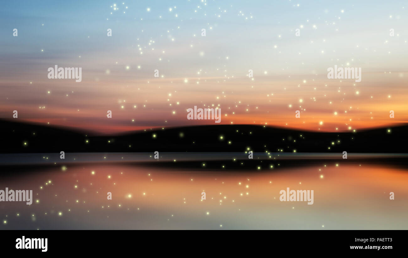 Beautiful Summer sunset landscape of fireflies glowing above vibrant ...