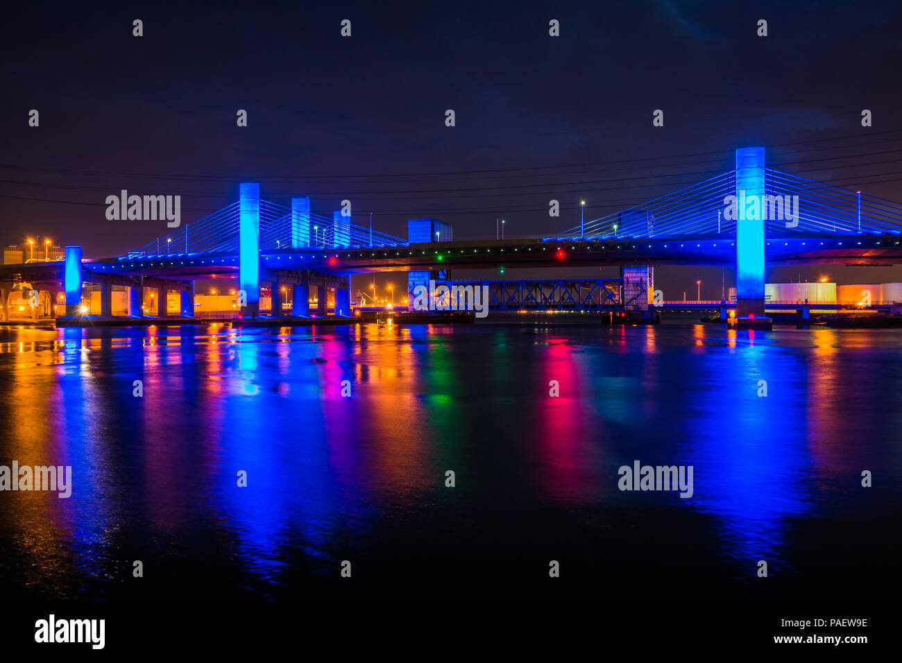 The Pearl Harbor Memorial Bridge at night in New Haven, Connecticut ...