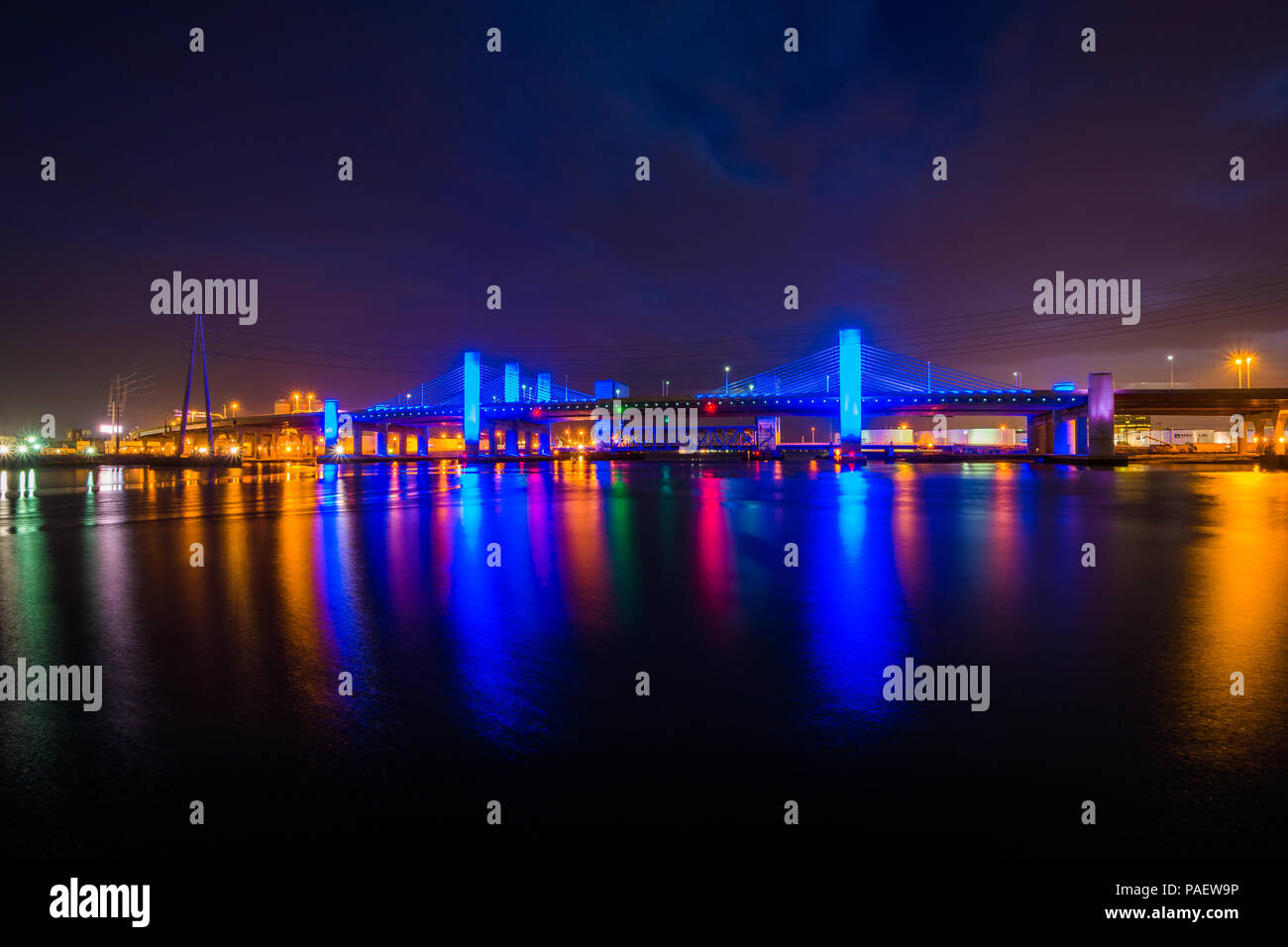The Pearl Harbor Memorial Bridge at night in New Haven, Connecticut ...