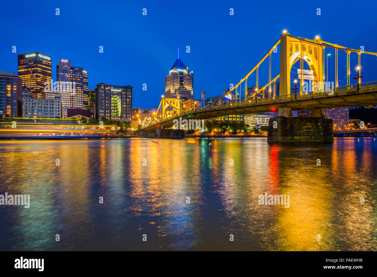 The Roberto Clemente Bridge and Pittsburgh skyline at night, seen from ...