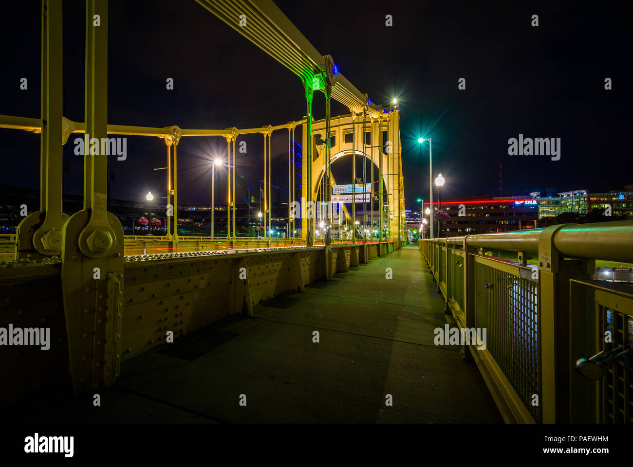 The Roberto Clemente Bridge at night, in Pittsburgh, Pennsylvania Stock ...