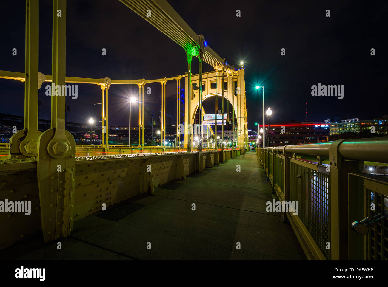 The Roberto Clemente Bridge at night, in Pittsburgh, Pennsylvania Stock ...
