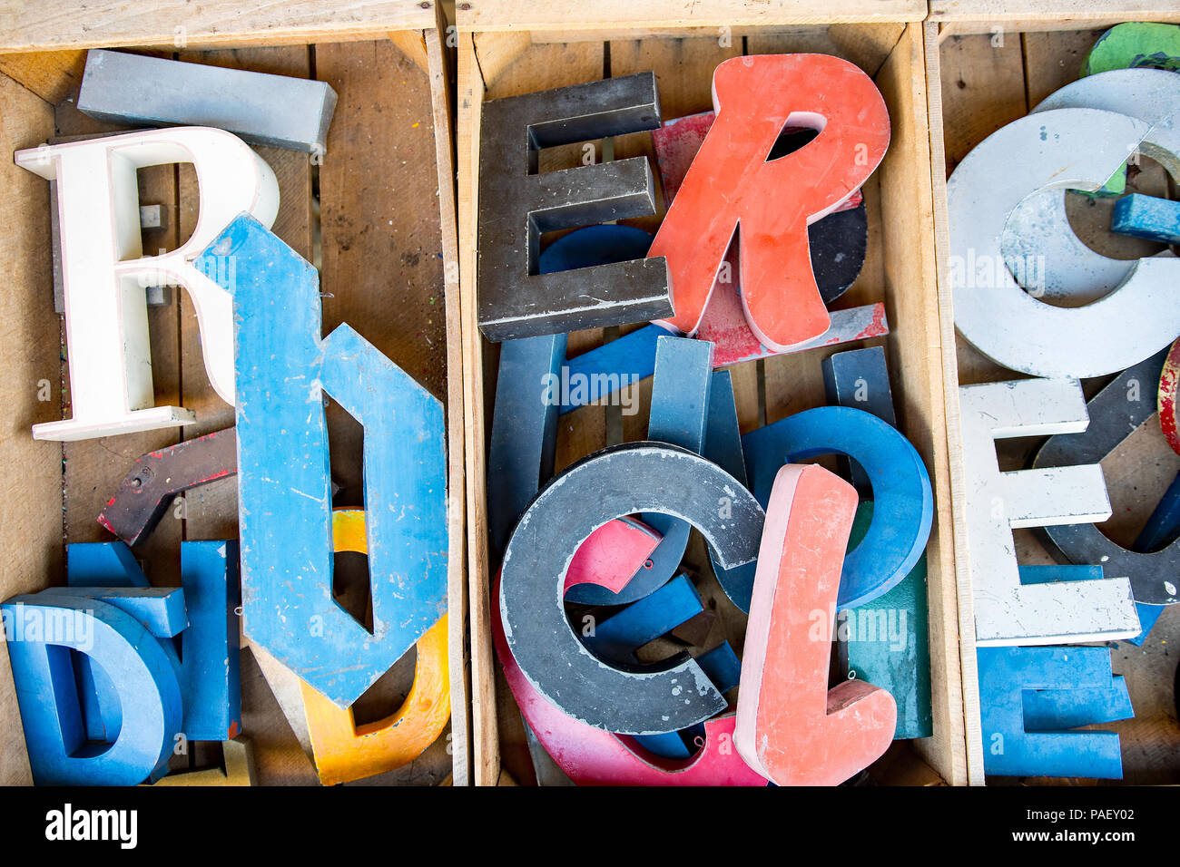 Colorful old letters in box at flea market Stock Photo - Alamy