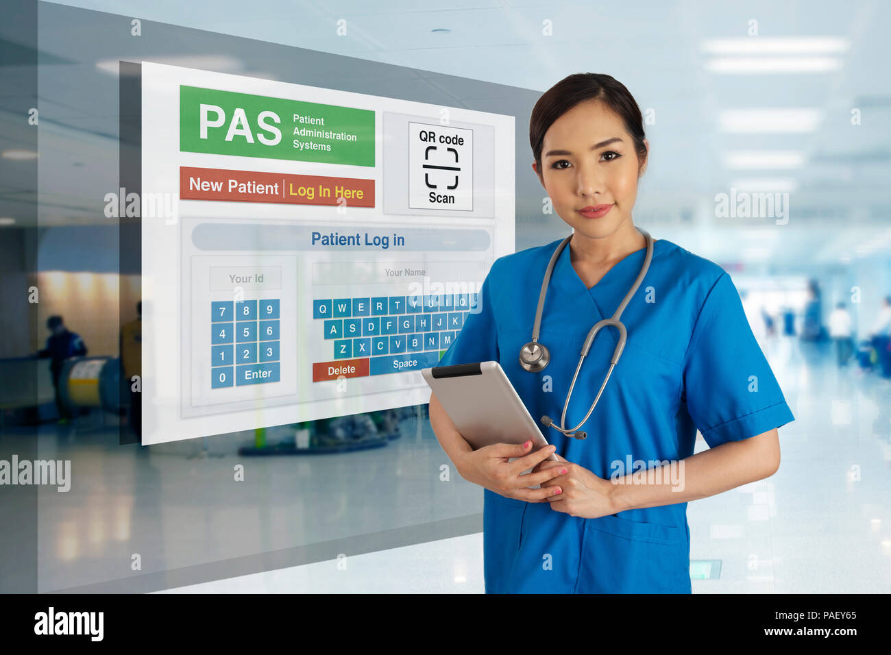 Female doctor in blue uniform standing in front of patient ...