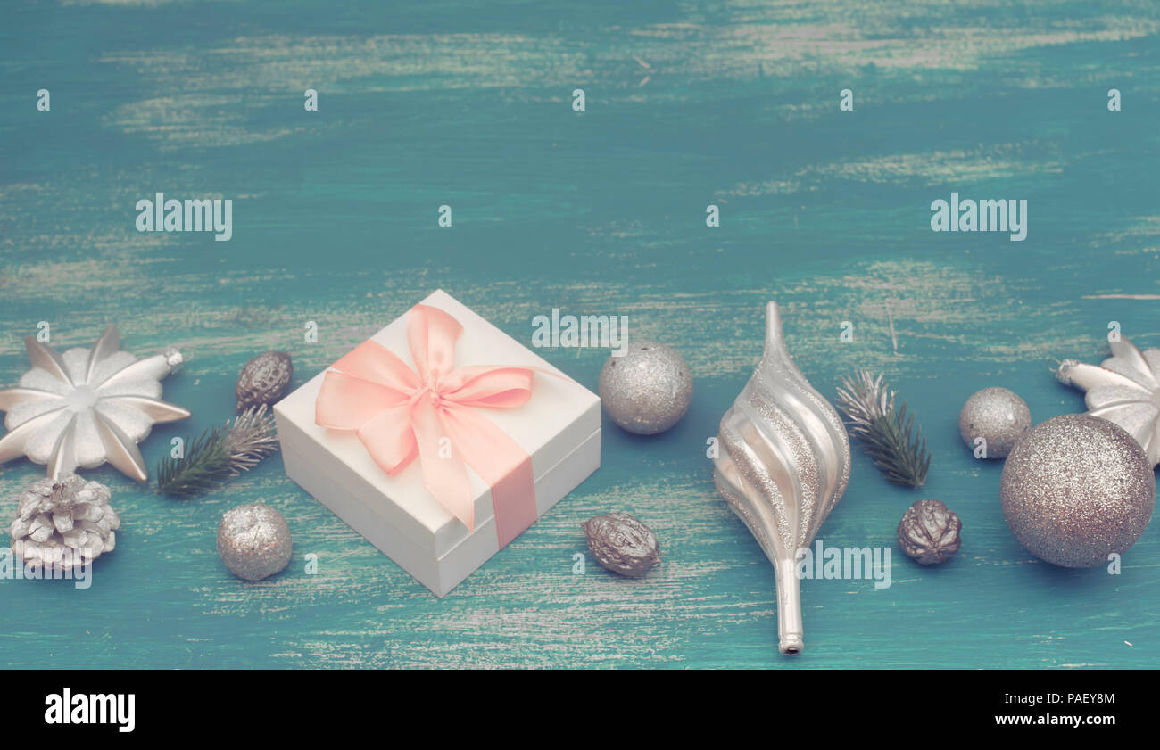 Banner Festive composition flat lay Christmas toy balls cones ...