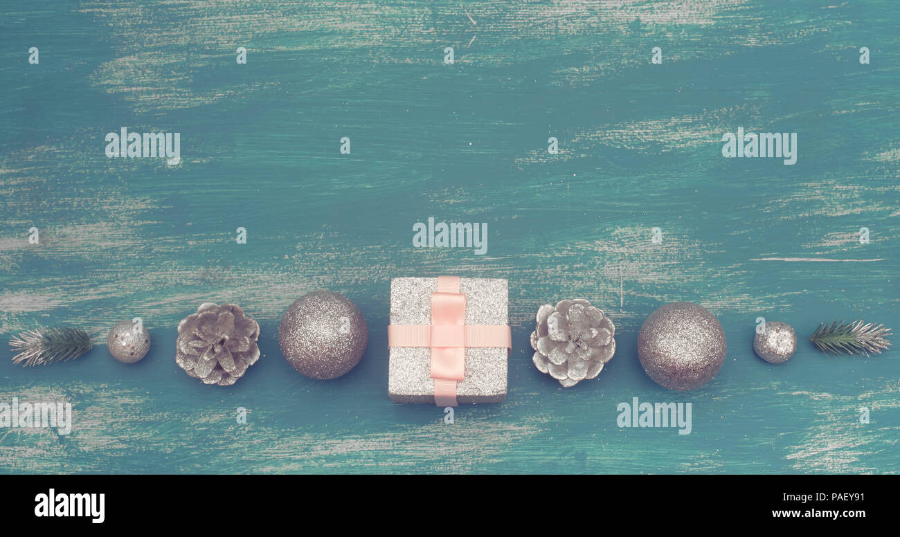 Banner Festive composition flat lay Christmas toy balls cones ...