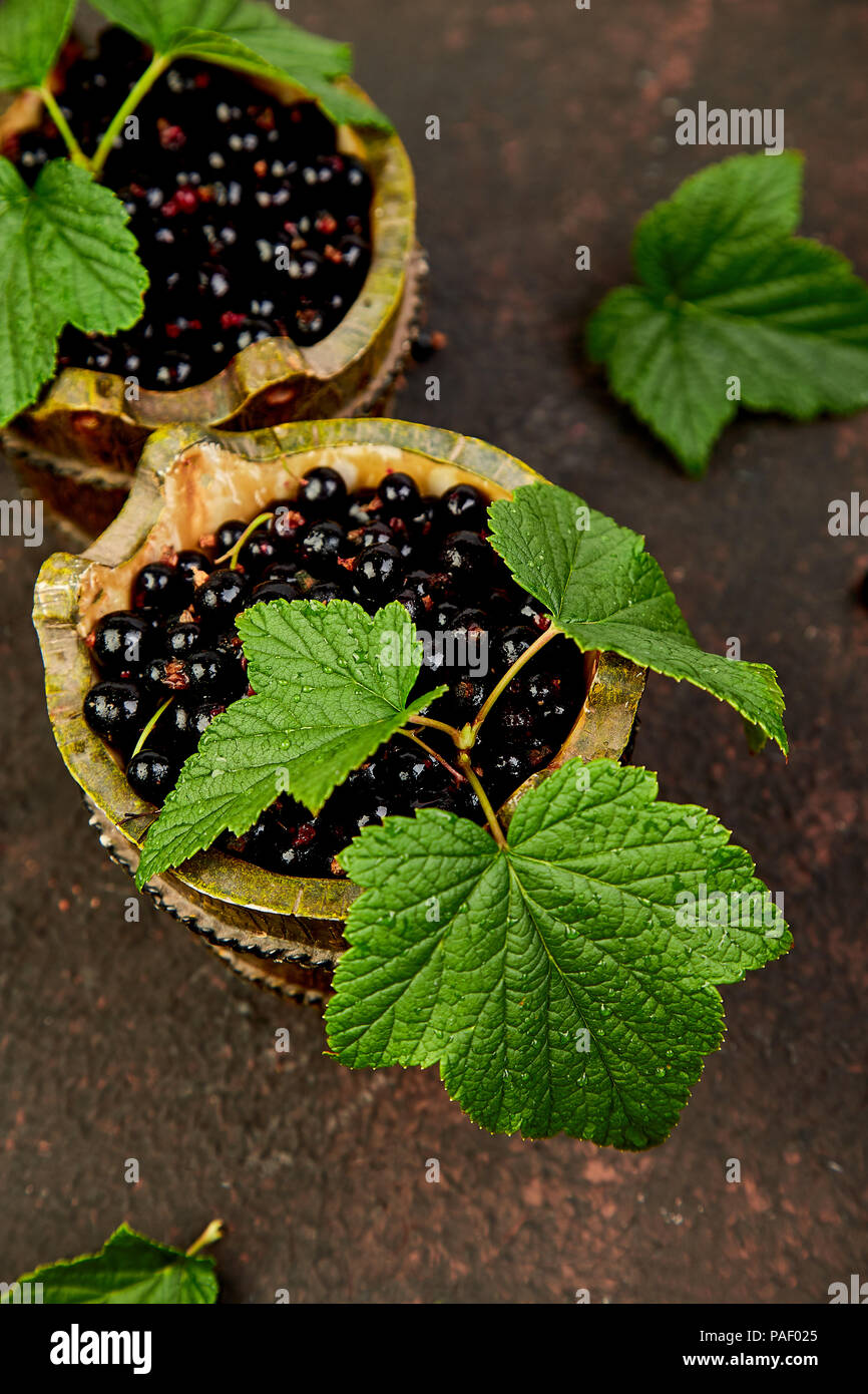 Blackcurrant berries with leaves, black currant in green bowls. Copy ...