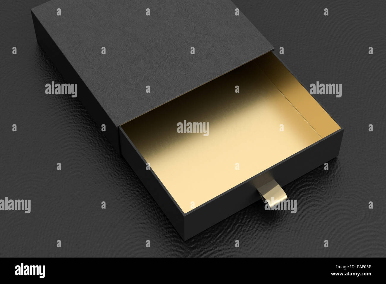 Opened empty black drawer sliding box on black background. 3d ...