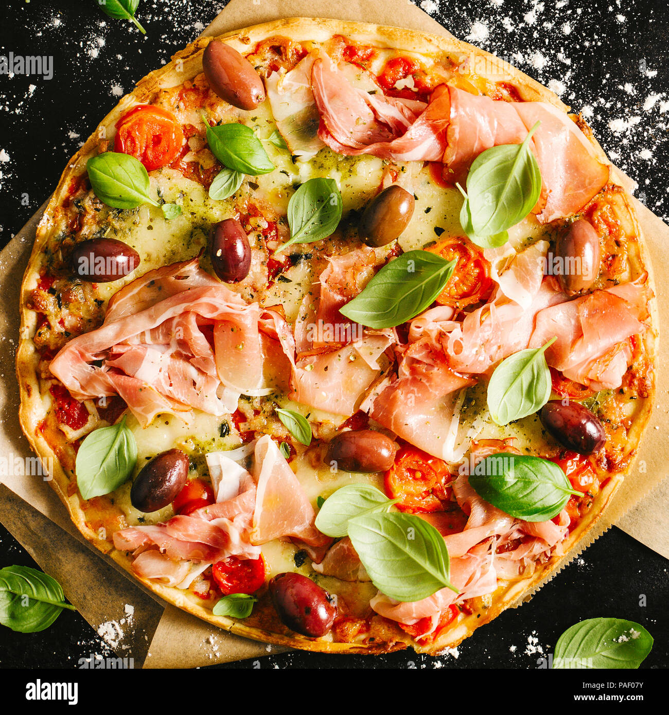 Top view of tasty appetizing classic italian traditional pizza with ...