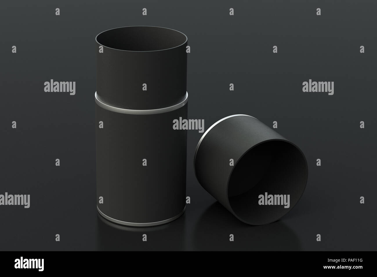 Blank opened black tube container packaging on black background ...