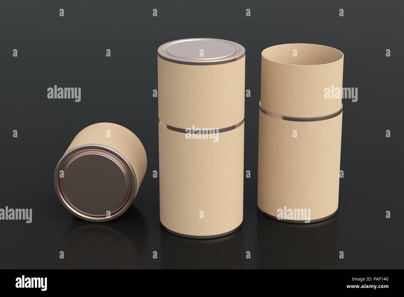 Blank opened and closed kraft paper tube container packaging on black ...