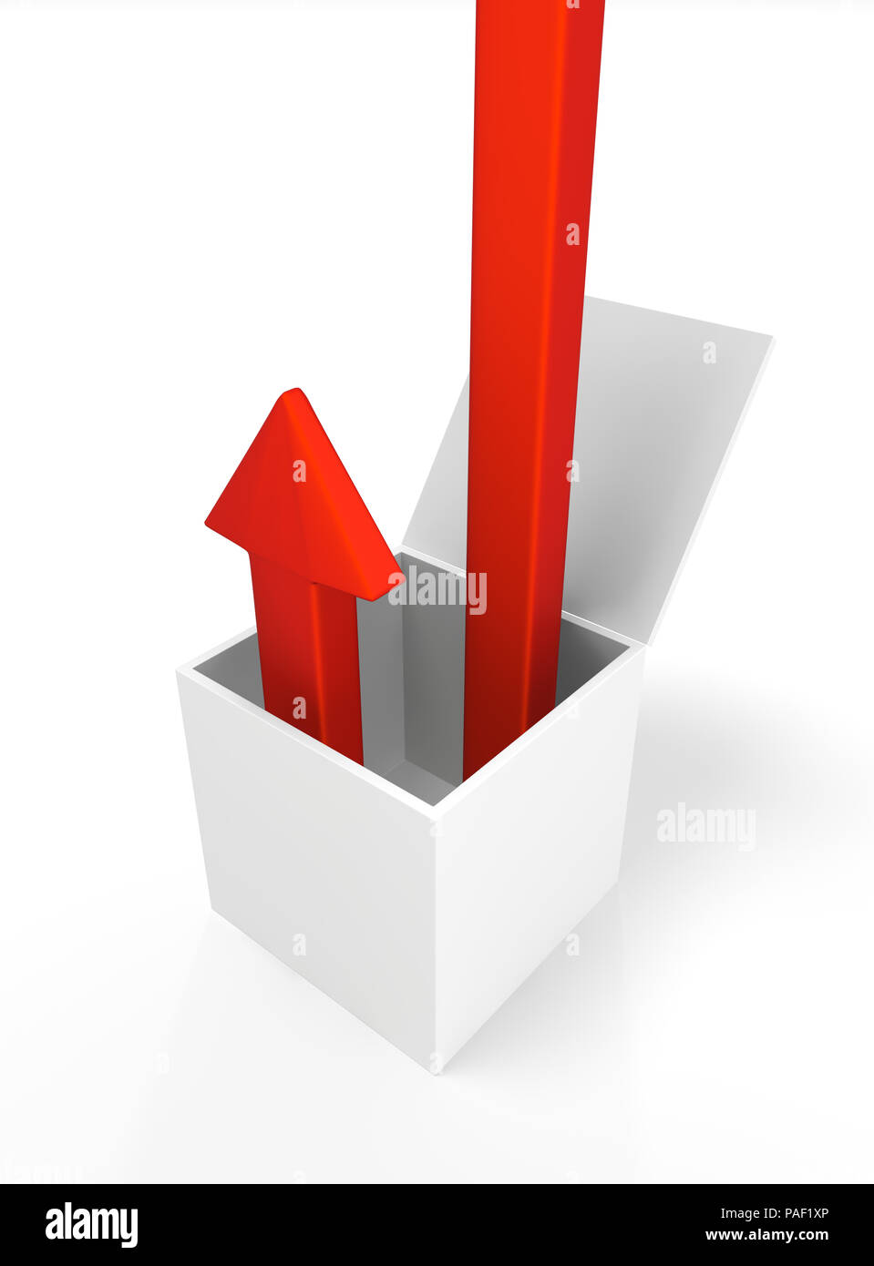 Red symbolic arrow box return, 3d illustration, vertical, over white ...