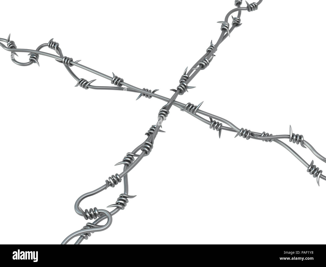 Barbed wire crossed, grey metal 3d illustration, isolated, horizontal ...