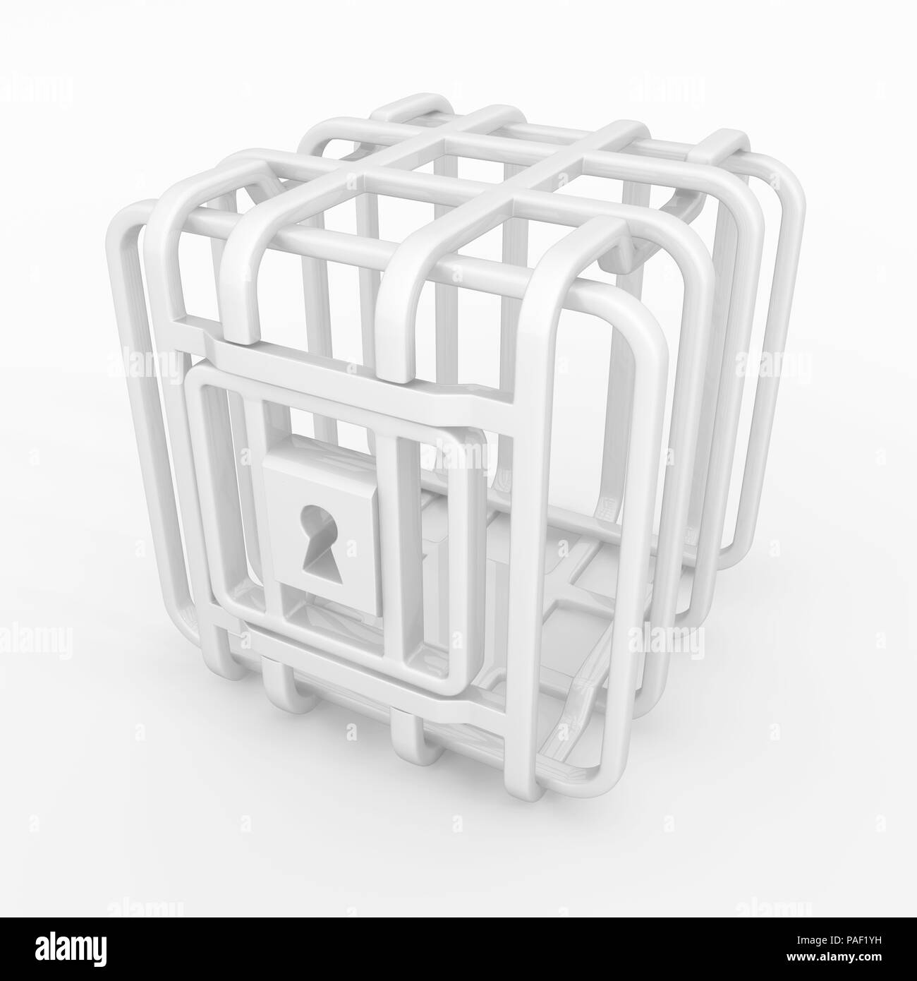 Cage small square white locked empty, 3d illustration, horizontal ...