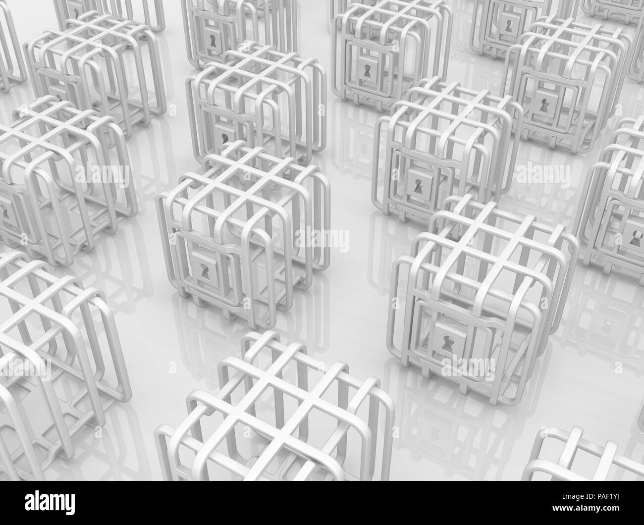 Cages small square white locked many empty, 3d illustration, horizontal ...