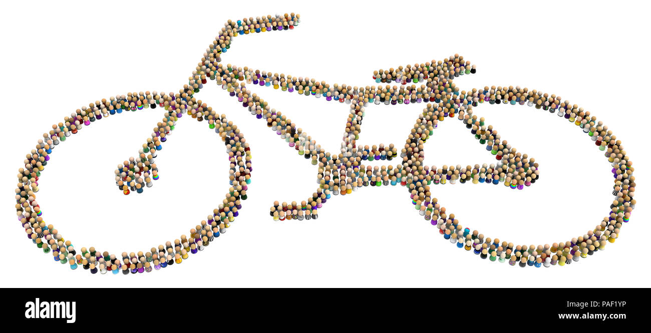 Crowd of small symbolic figures forming bicycle shape, 3d illustration ...