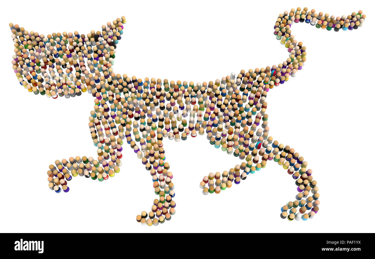 Crowd of small symbolic figures forming cat shape, 3d illustration ...